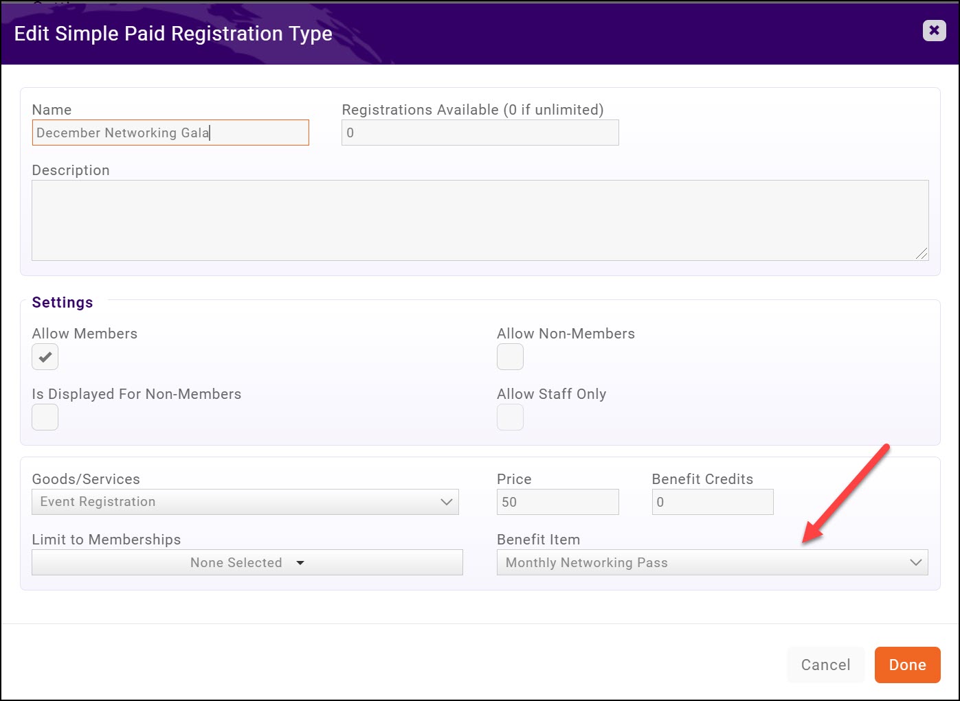 Assign Benefits to Event Registration types - GrowthZone