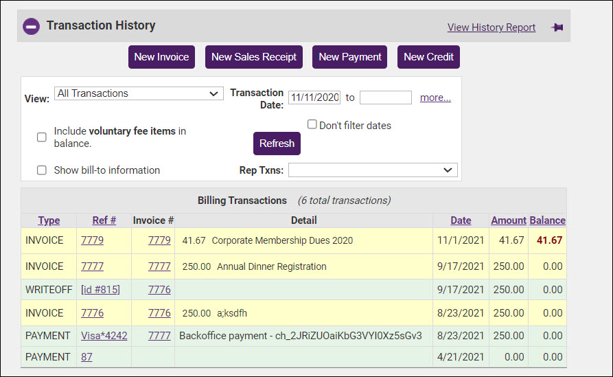 View Member's Transaction History - ChamberMaster
