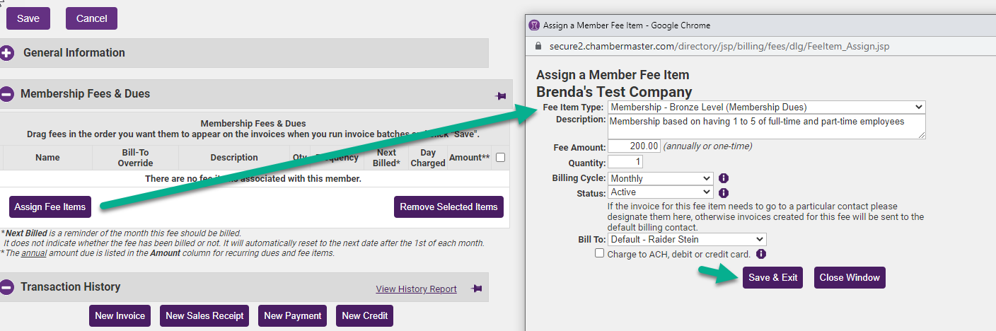 Assign Fee Items to a Member Account - ChamberMaster