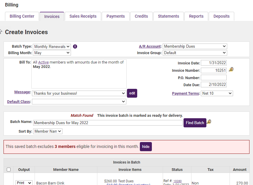 Create Batch of Recurring Invoices - ChamberMaster