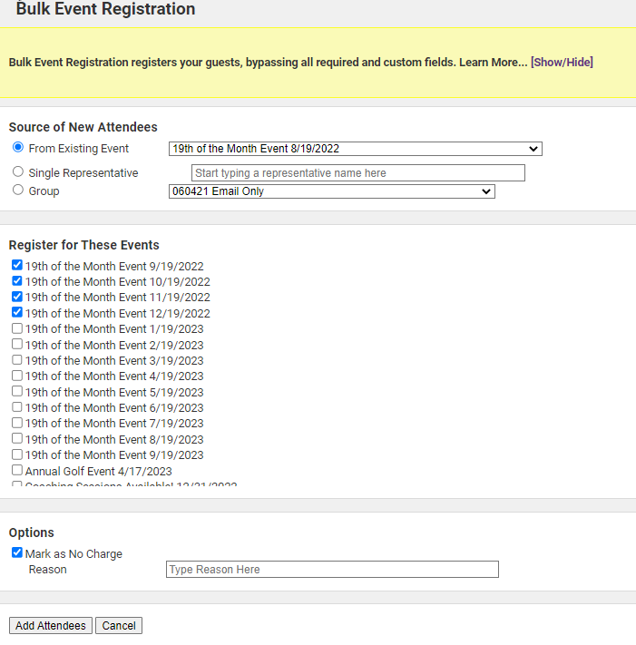 Bulk Event Registration - ChamberMaster