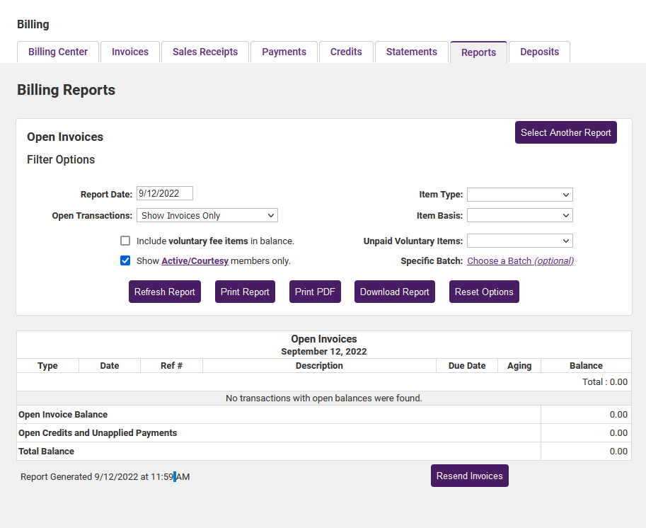 Open Invoices Report ChamberMaster