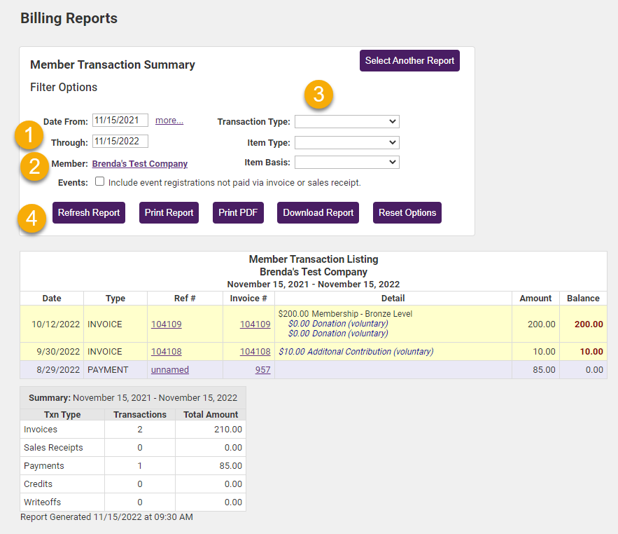 Member Transaction Summary Report - ChamberMaster