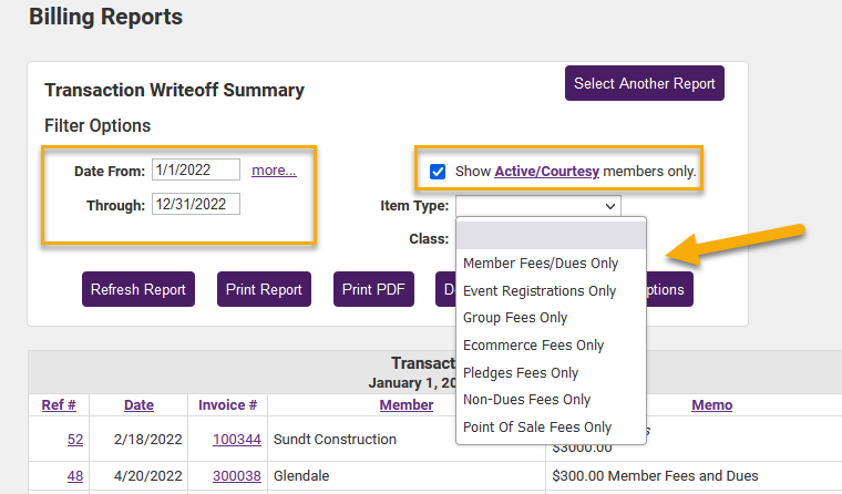 Writeoff Summary Report - ChamberMaster
