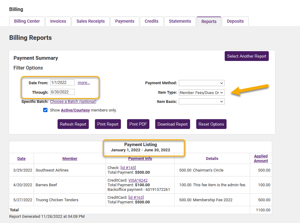 Payment Summary Report for Membership Dues - ChamberMaster
