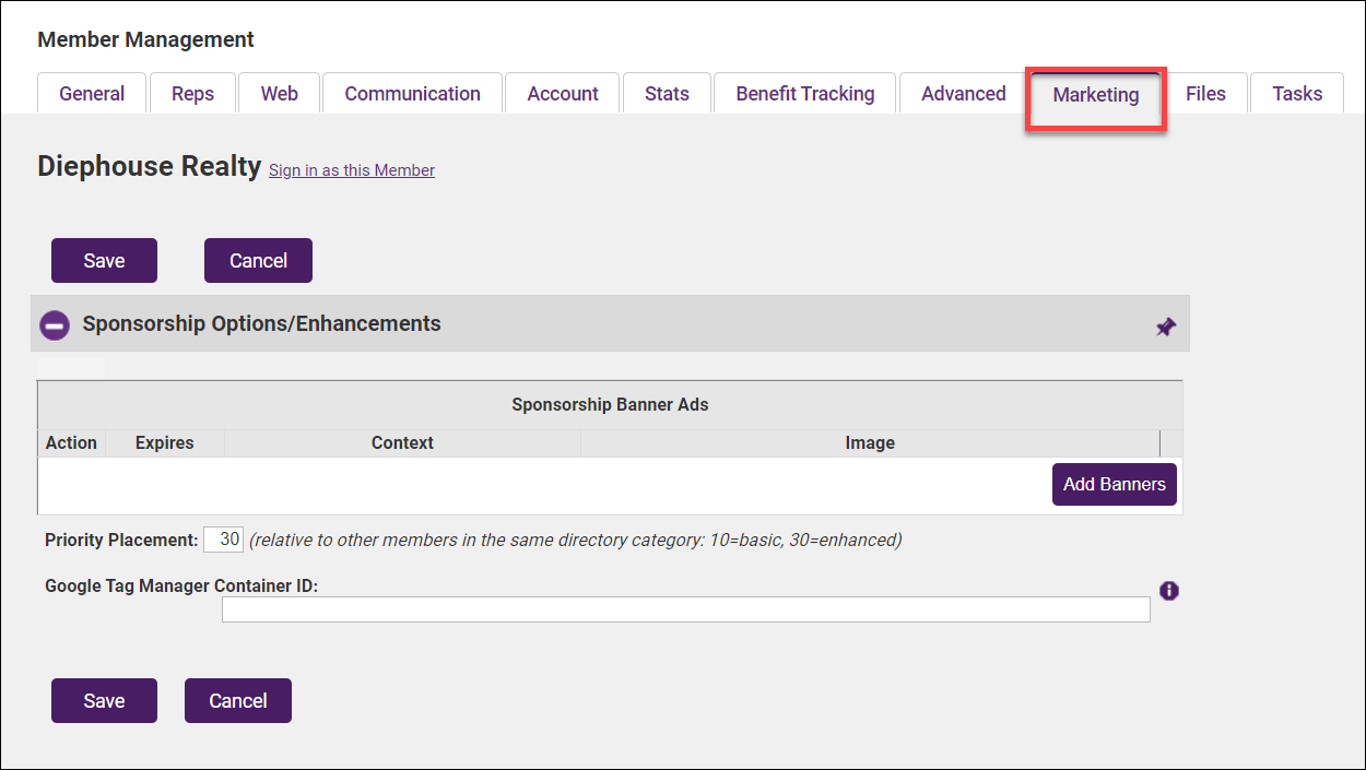 Marketing Tab - ChamberMaster