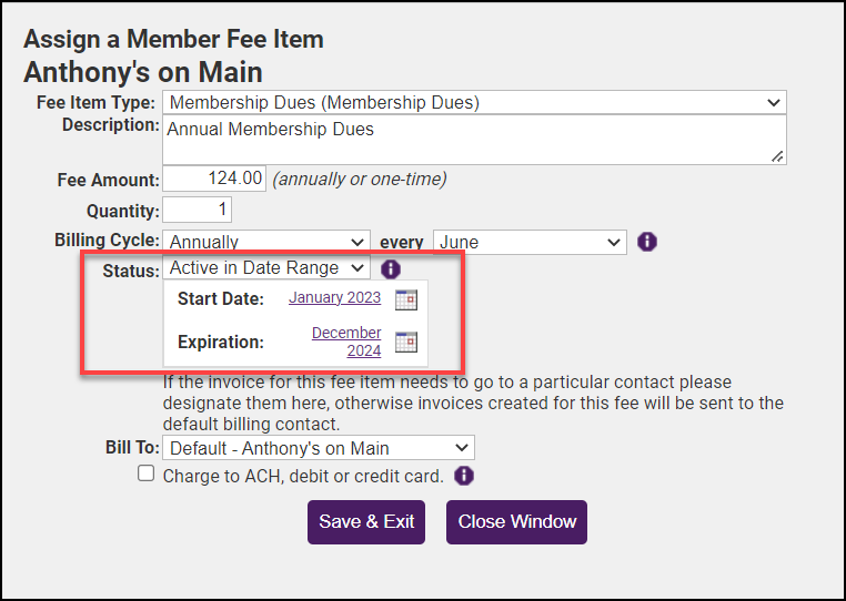 Edit Recurring Fees & Dues - ChamberMaster