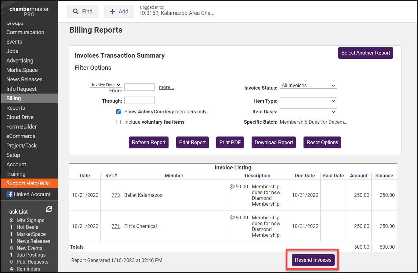Invoice Summary Report - ChamberMaster
