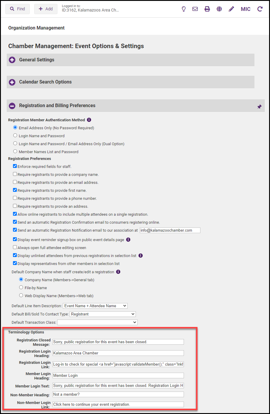 Event Options and Settings - ChamberMaster