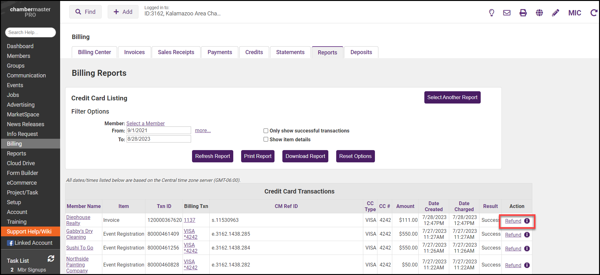 Create Refund for an Authorize.Net DPM Payment Made toward an Invoice - ChamberMaster