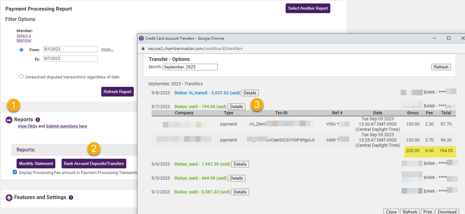 Bank Account Deposits Transfers Report - ChamberMaster