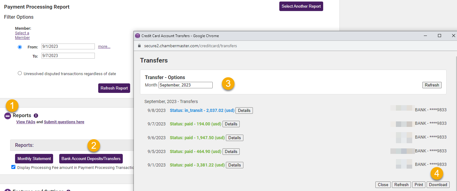 Bank Account Deposits Transfers Report - ChamberMaster