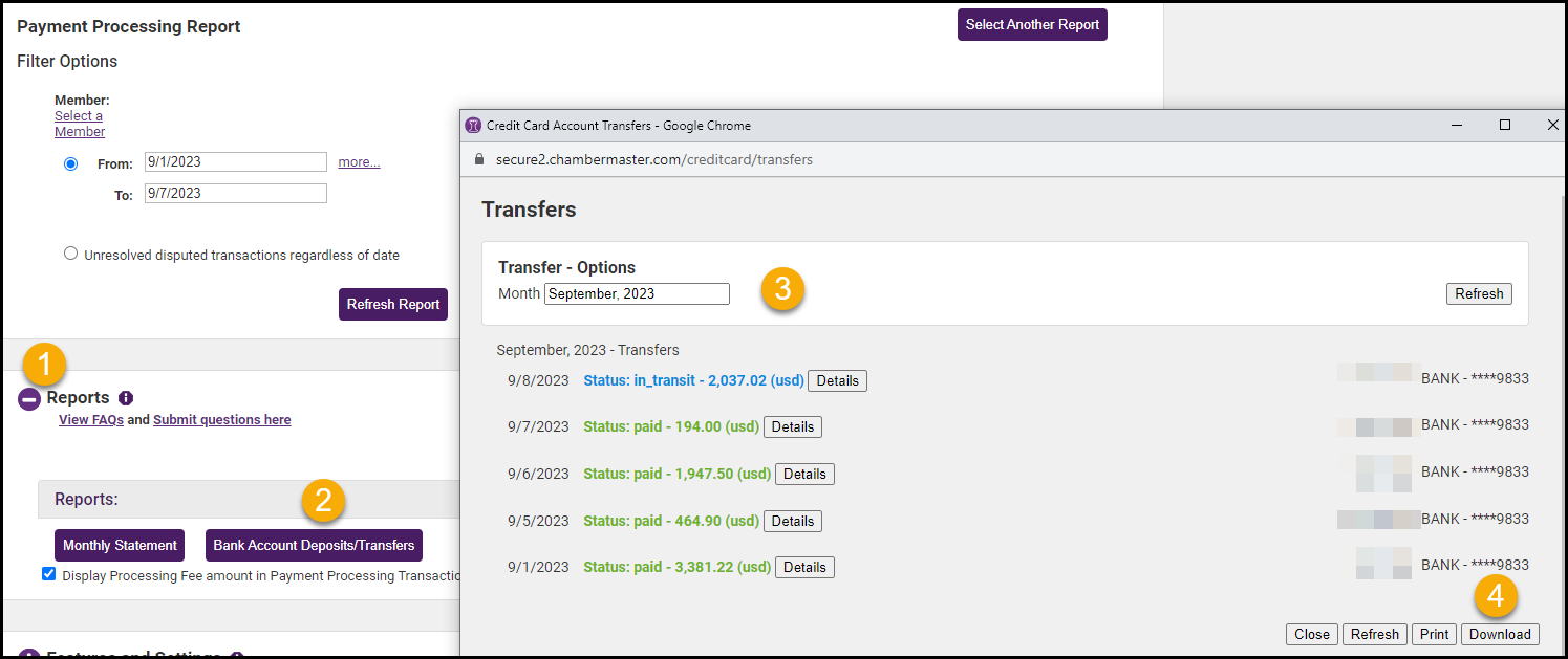 Bank Account Deposits Transfers Report - ChamberMaster