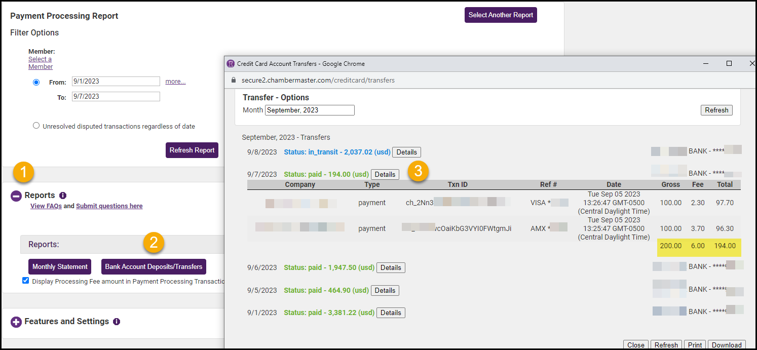 Bank Account Deposits Transfers Report - ChamberMaster